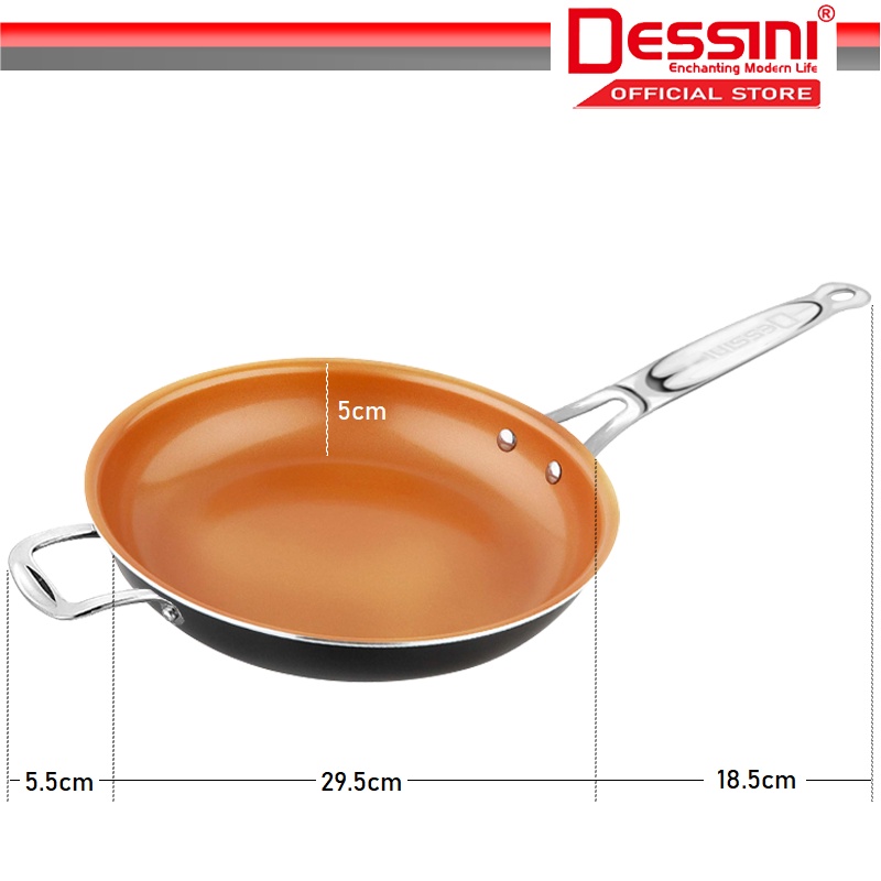 DESSINI ITALY Zero Fat 28CM Frying Pan Die Cast Aluminium Induction Non Stick Copper Pot Bowl ...