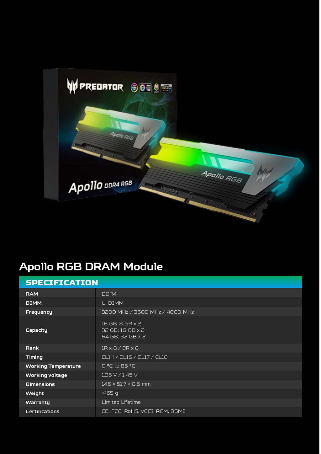 ACER PREDATOR Apollo RGB ( 8GB / 16GB ) 3200MHz / 3600MHz GAMING DRAM ...