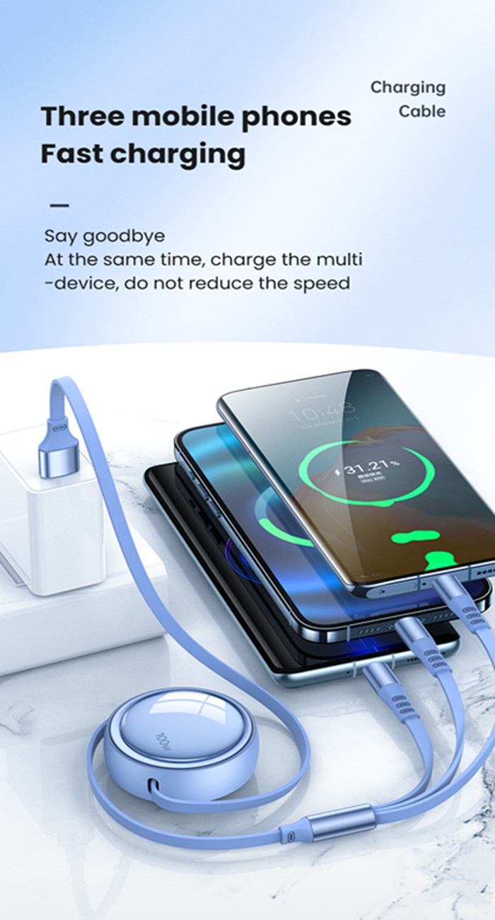 100W 3 in 1 Retractable Fast Charging Cable Multiple USB Cord Type C ...