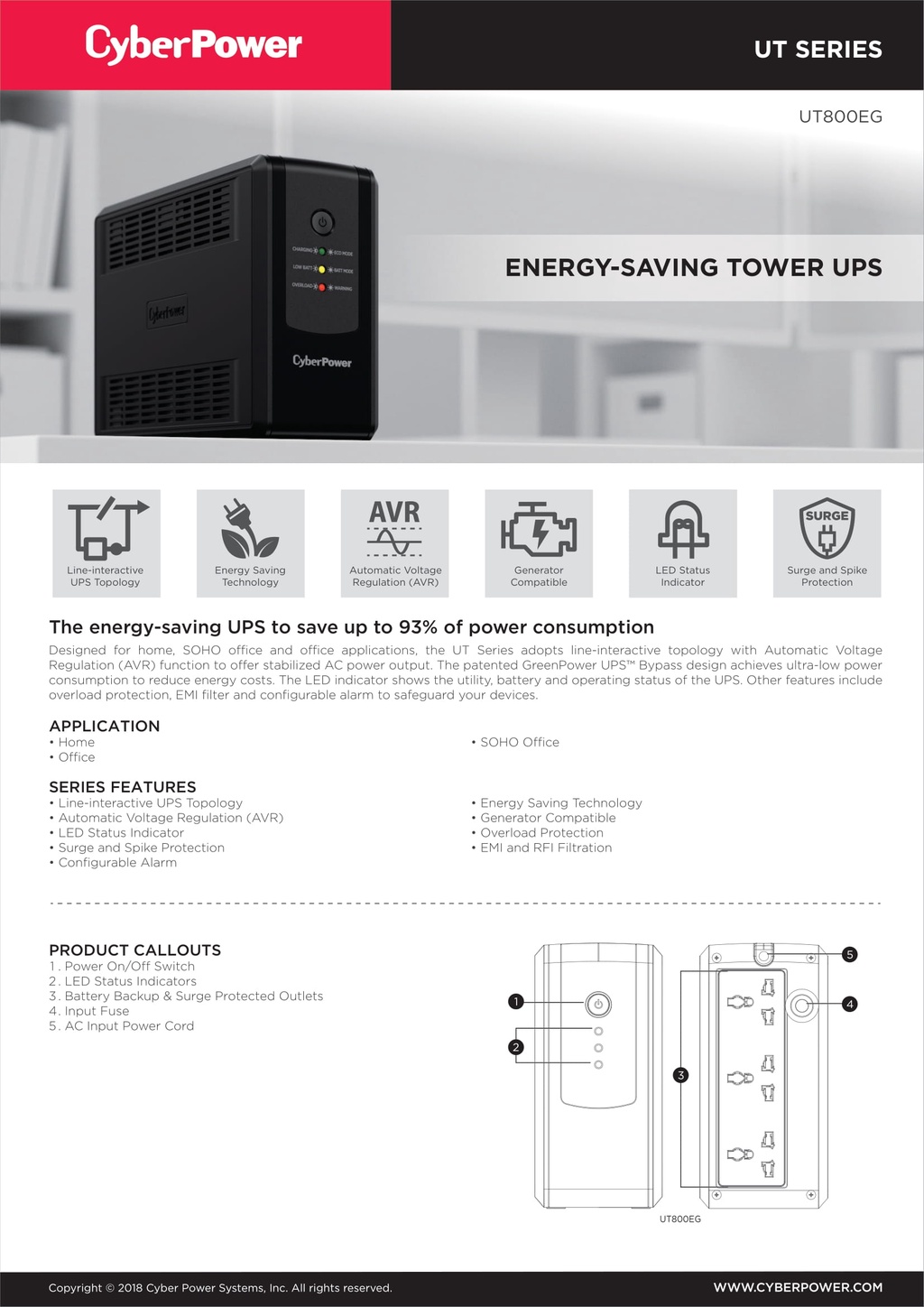 CyberPower UT800EG | 800VA Energy Saving Tower UPS with Surge ...