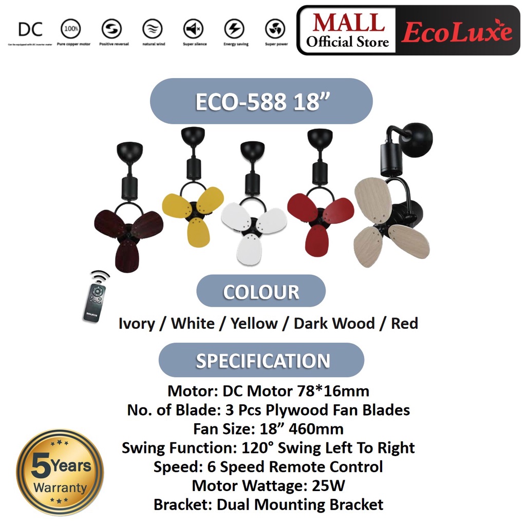 Ecoluxe Mini DC Motor Fan with 6 Speeds Remote Control (18") ECO-588 ...