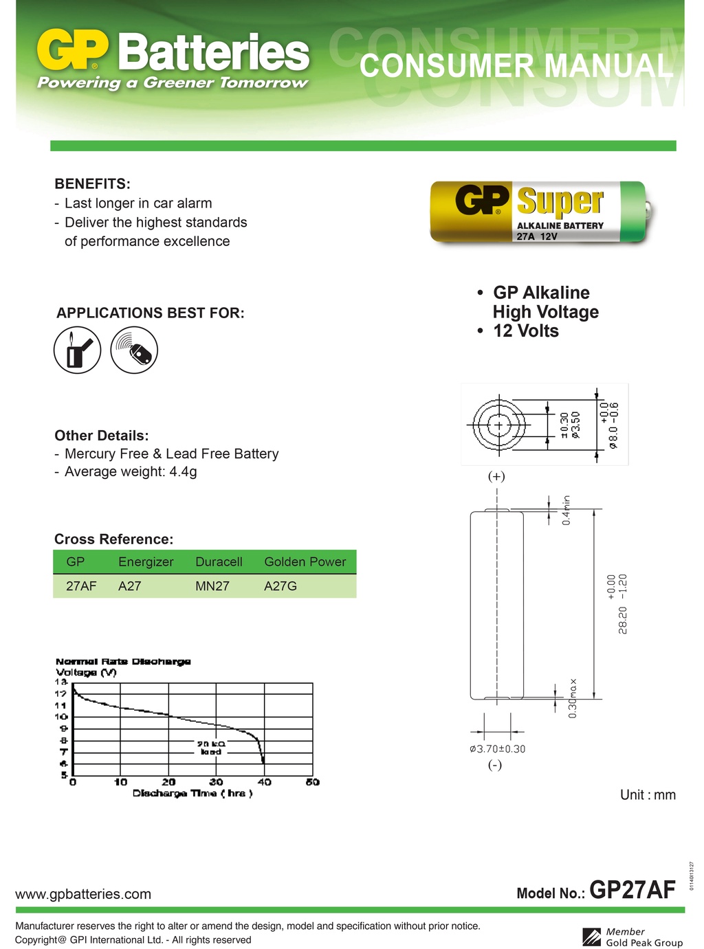 (Original) GP 23A / 27A 12V Super High Voltage Alkaline Battery (1 ...