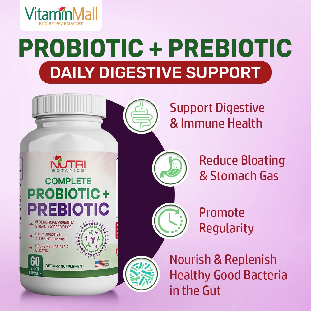 [Ready Stock] Nutri Botanics Prebiotic Probiotic Supplement - 6 Strain Probiotics - Digestive ...