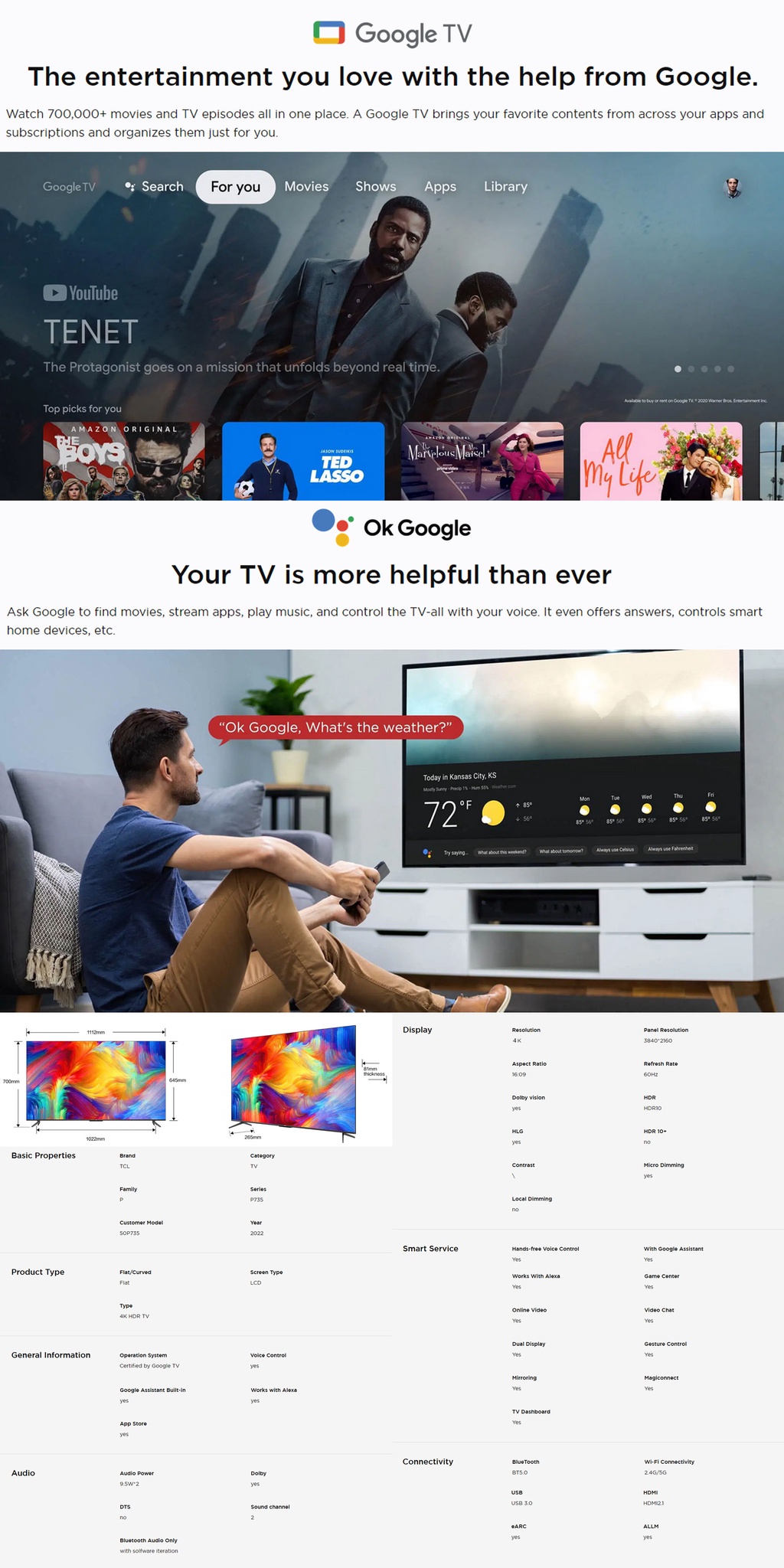 TCL 50P735 50 Inch 4K UHD HDR WCG Google TV Android TV Smart TV Youtube ...