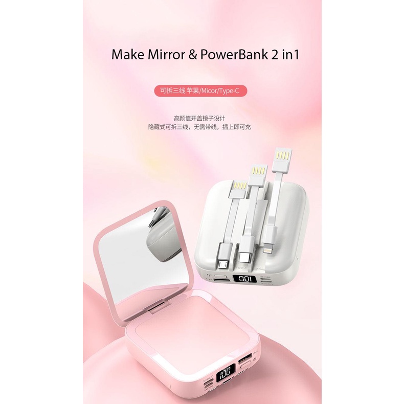 PowerBank Mirror Power Bank 20000Mah 2in1 Cute Pink Power Bank w/ Make Up Mirror Cermin ...