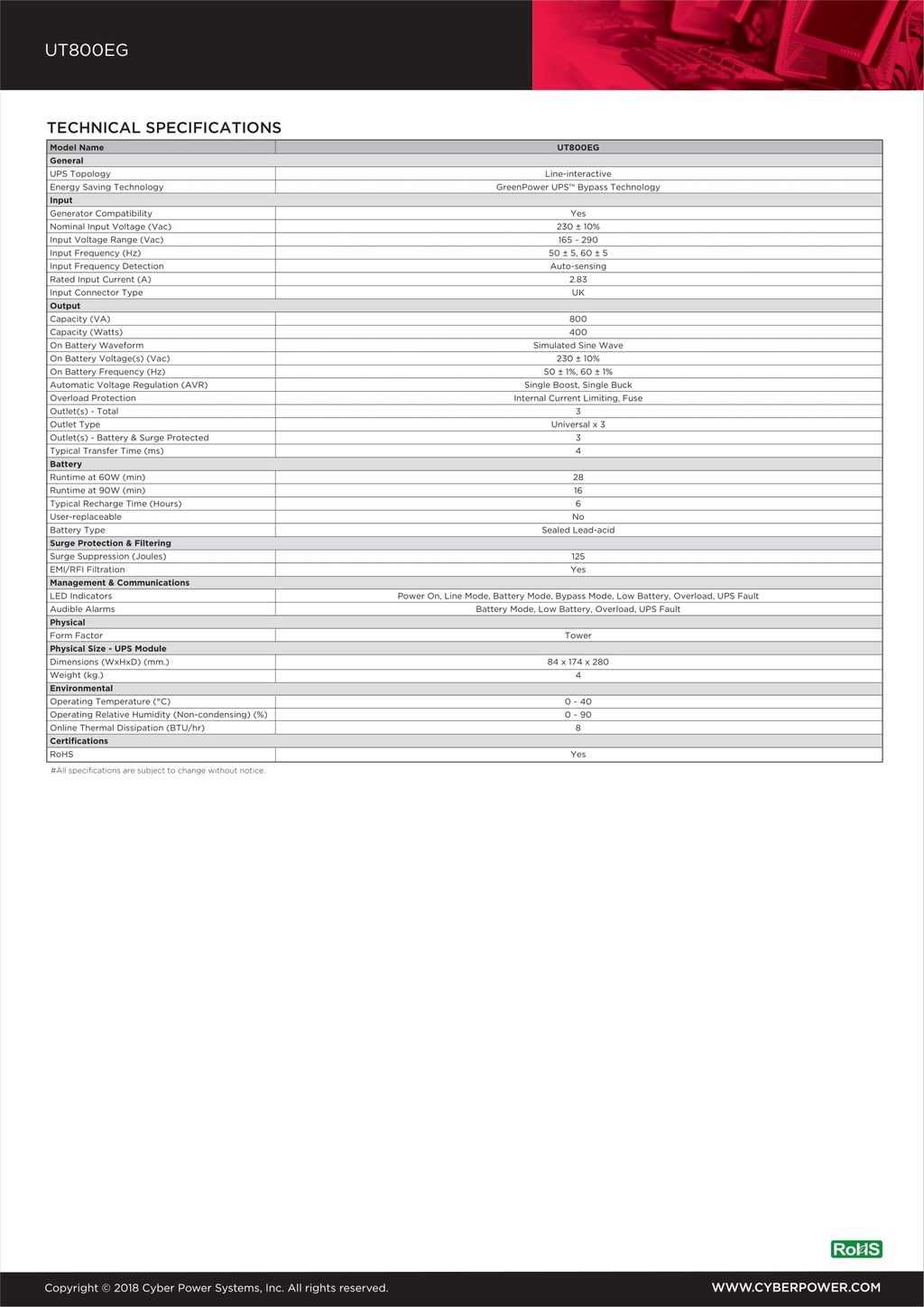 CyberPower UT800EG | 800VA Energy Saving Tower UPS with Surge ...