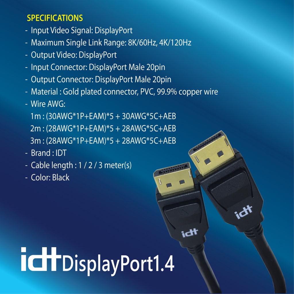 IDT DP 2.0 /1.4 /1.2 Cable Displayport to Displayport Cable Display ...