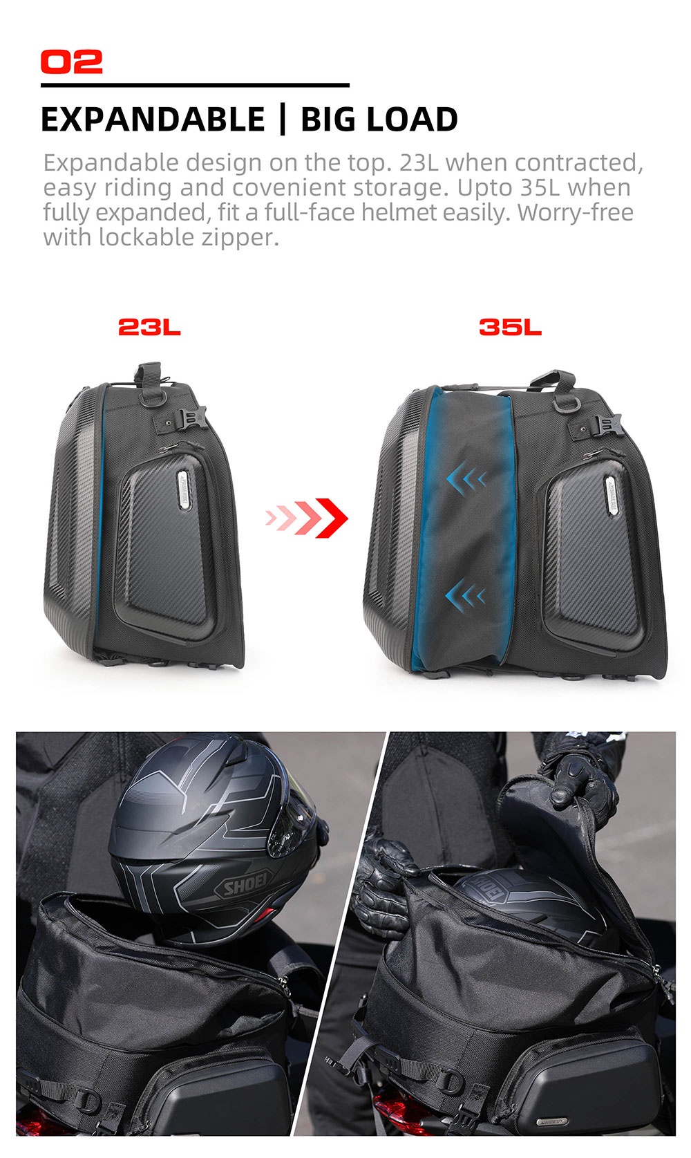 Rhinowalk Multifunction Waterproof Hard Shell Motorcycle Tail Bag (23L ...