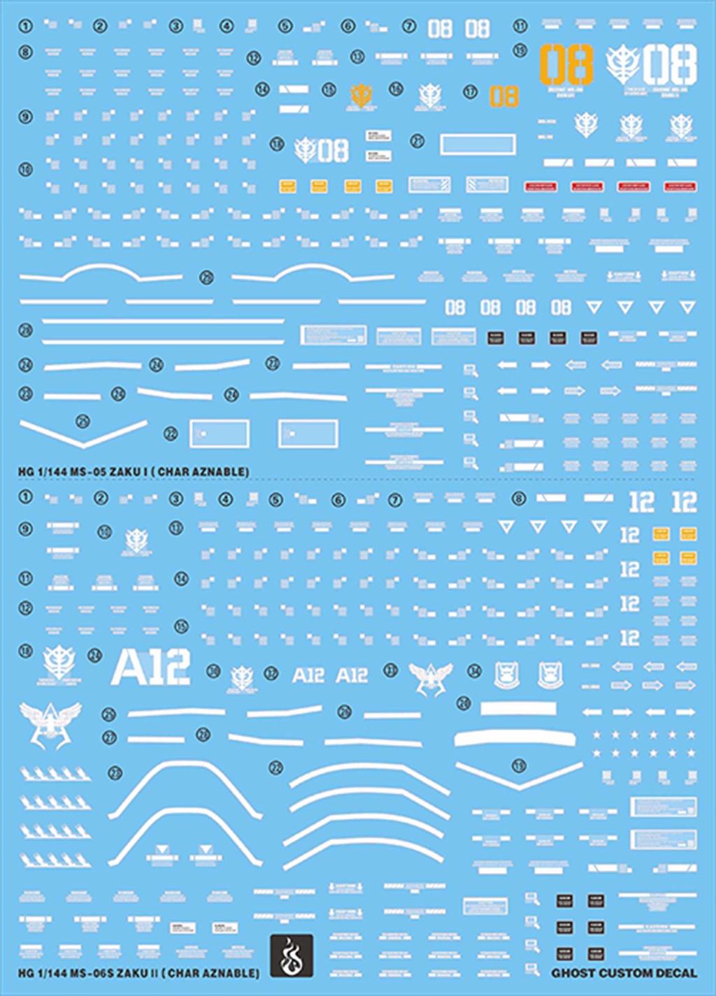 [Flame Yan] Waterslide Decal - HG 1/144 Zaku 1 & 2 GTO (Ghost)(Fluo) MS ...