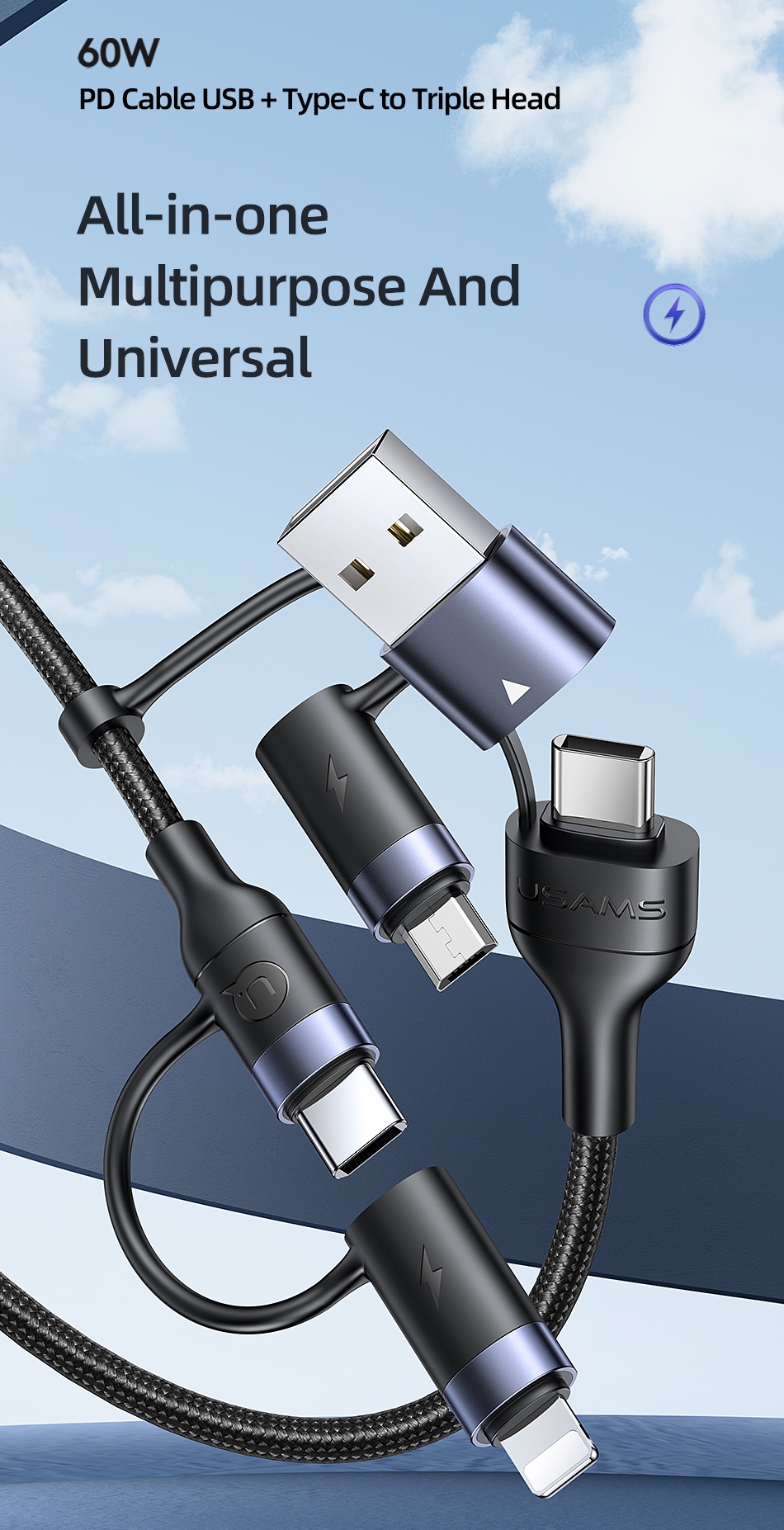 USAMS 3 In 1 USB IP Type C Micro Cable Fast Charge Cable (1.2M/60W ...