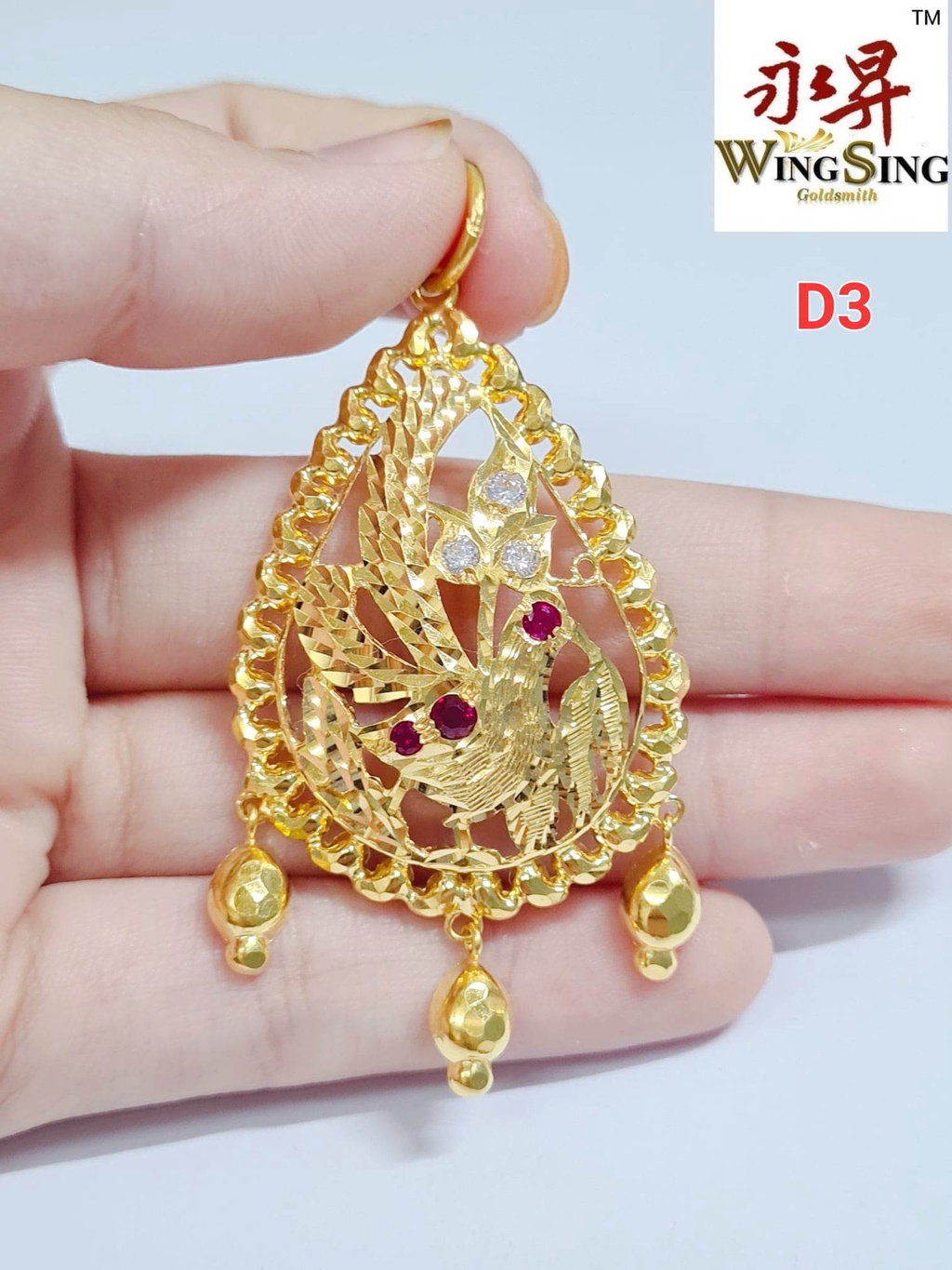 LIMITED! Wing Sing 916 Gold Exclusive Hanging Stone Style Pendant ...