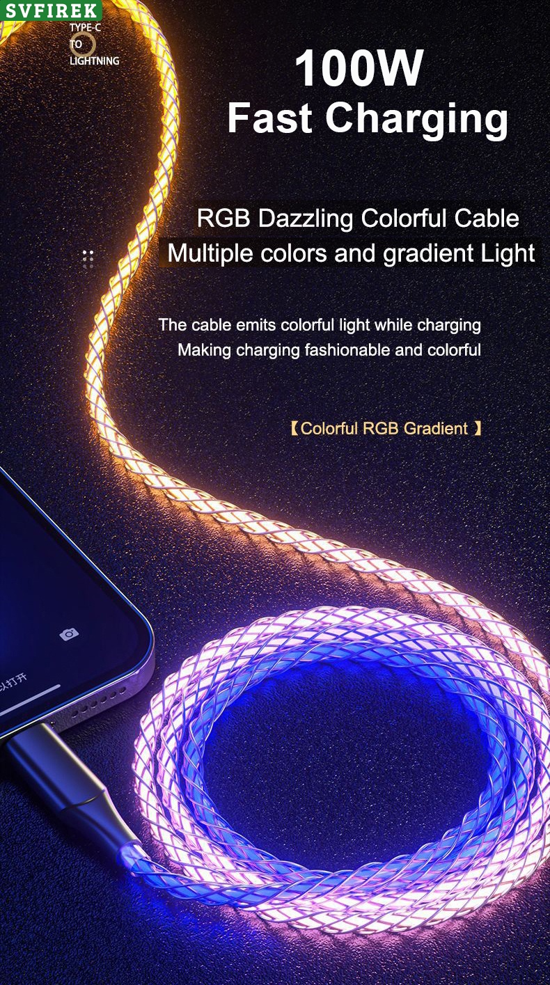 100W Super Fast Charging Cable 6A RGB Illusion Streamer USB Cable ...