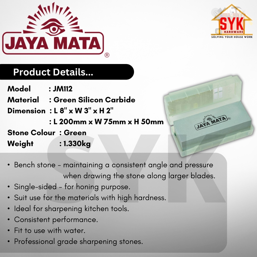 SYK Jaya Mata JM112 8" Green Sharpening Stone Knife Arkansas Stone Batu Pengasah Alat Pengasah ...