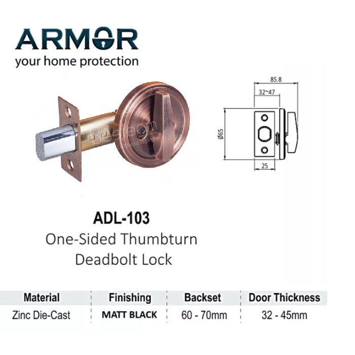 YLK Armor One Sided Thumbturn Deadbolt ADL-103-MB / Half Deadbolt ...