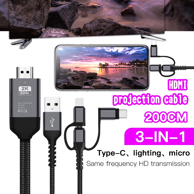 3 IN 1 HDMI Mirascreen Cable Phone to TV 1080P USB to HDMI Cable Type C ...