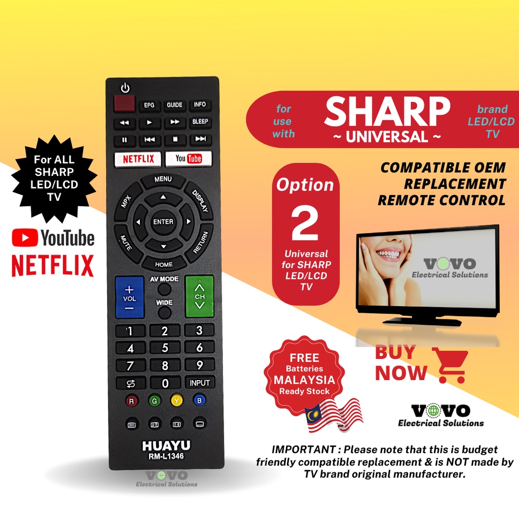 Universal SHARP TV LCD LED Plasma OEM Replacement Remote Control [FOC Battery] | Shopee Malaysia