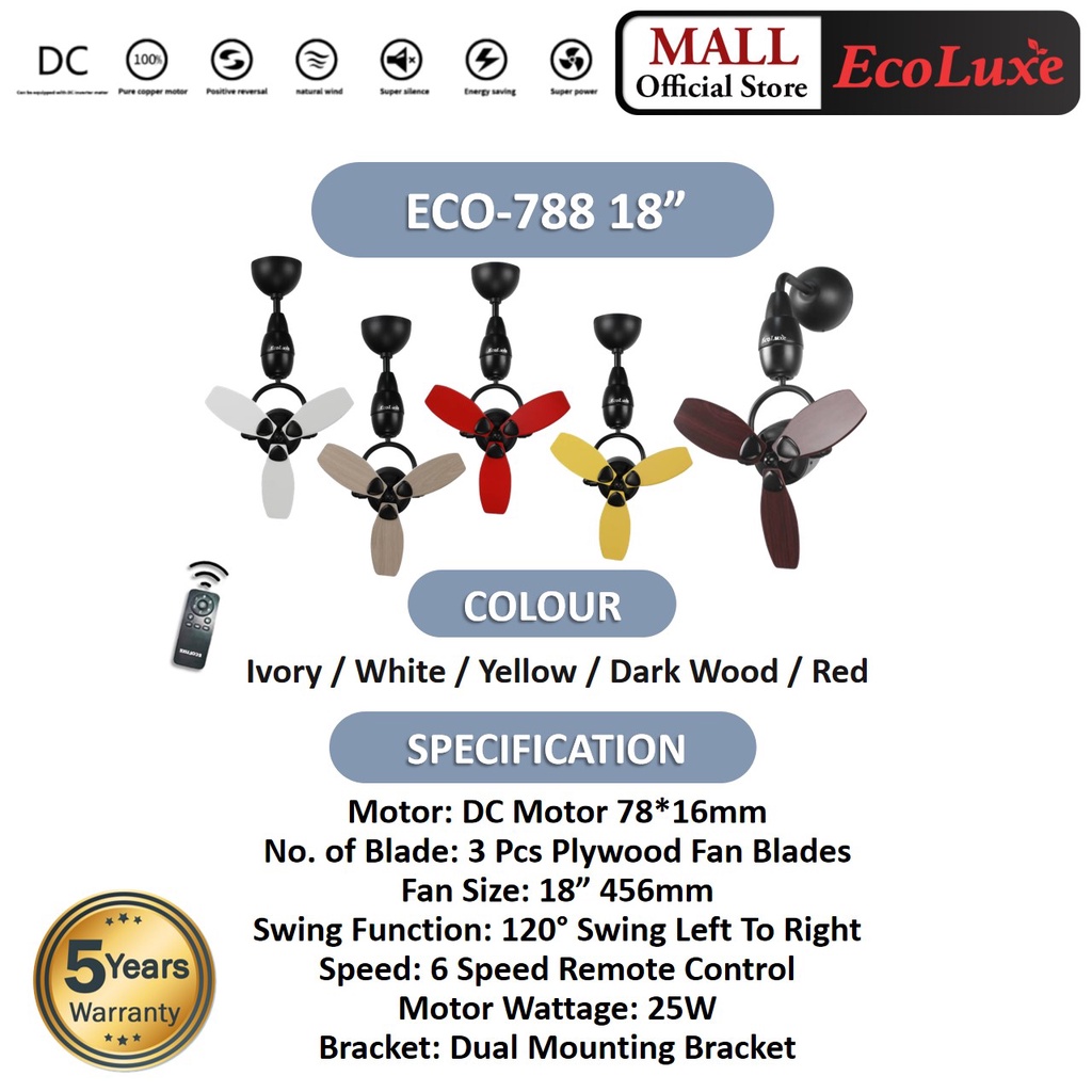 ECOLUXE Mini Fan DC Motor with 6 Speeds Remote Control Ceiling Fan 3 ...