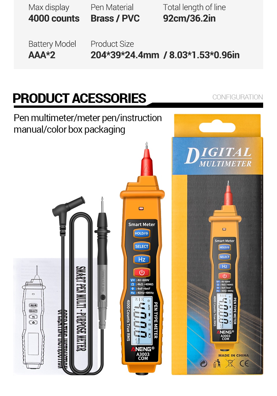 ANENG A3003 Digital Pen Multimeter Professional 4000 Counts Smart Meter ...