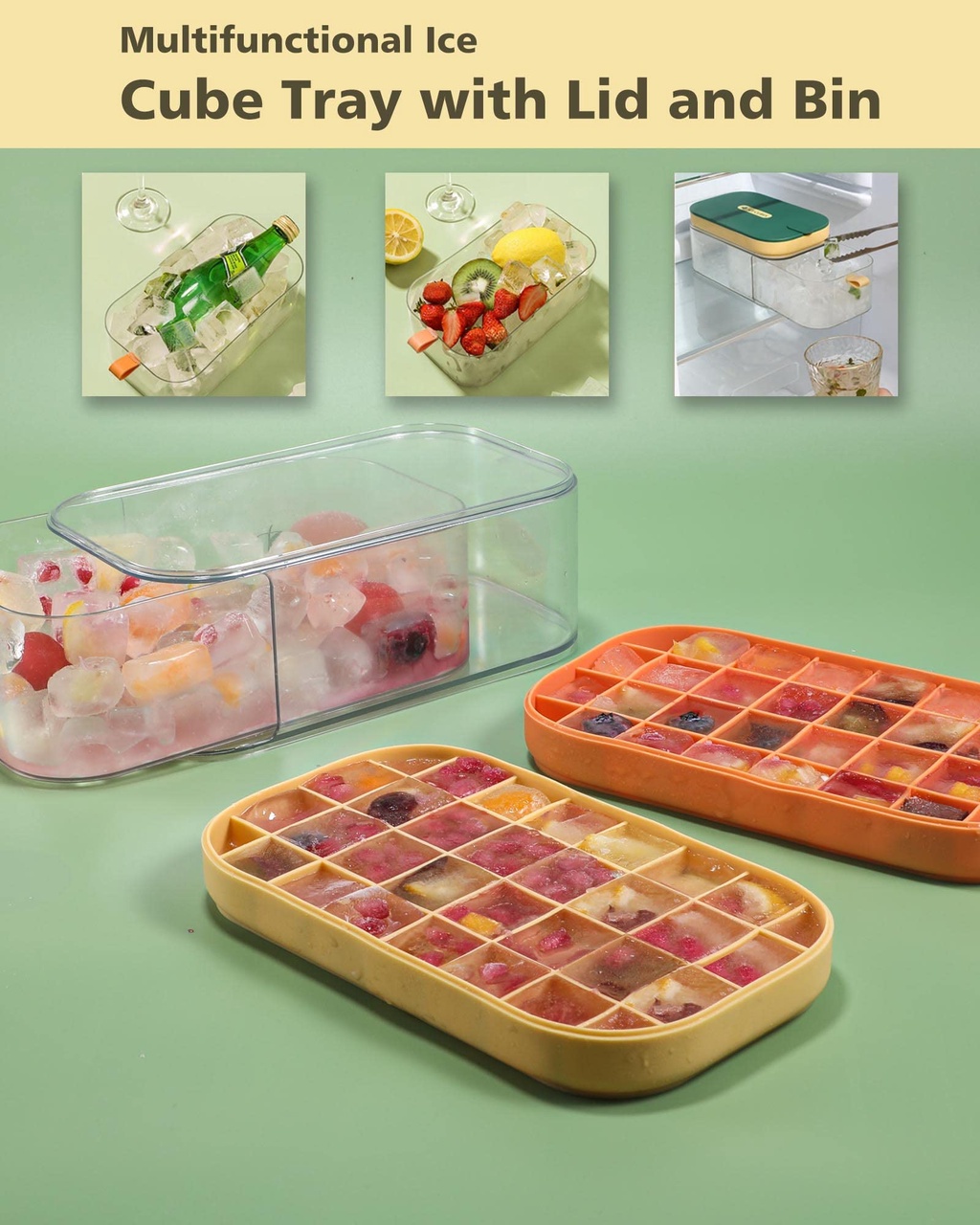 Silicone Ice Cube Tray with Lid and Drawer Bin Ice Making Tray Ice Bin ...
