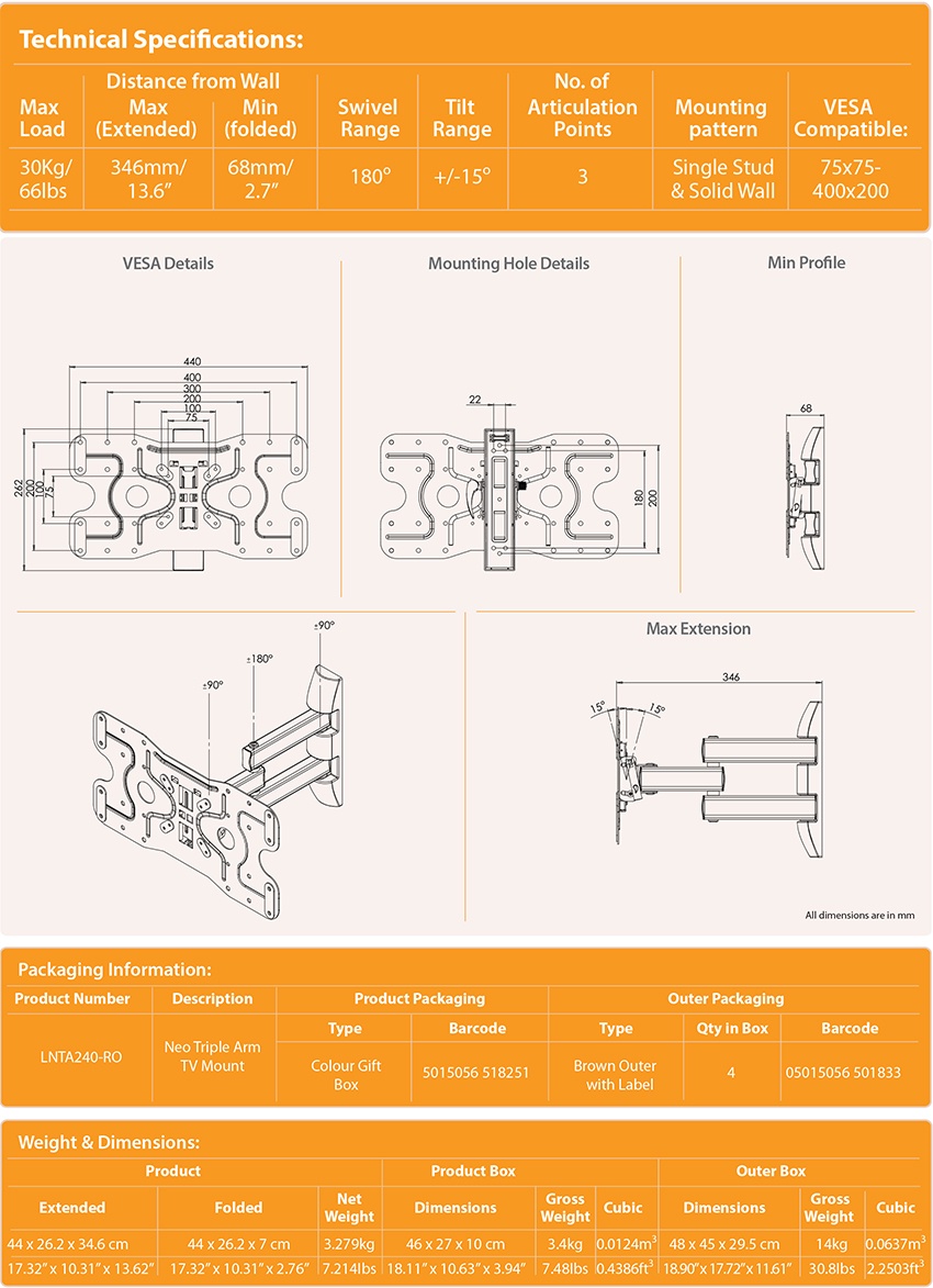 Ross Bracket Neo 32"/42"inch Triple Arm Full Motion Monitor TV Wall ...