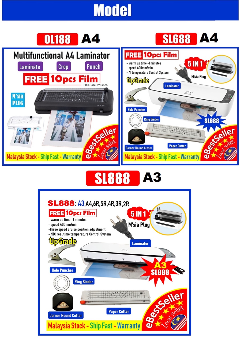 🔥OL188/ SL688 /SL888 Multifunctional A3 / A4 laminator laminating ...