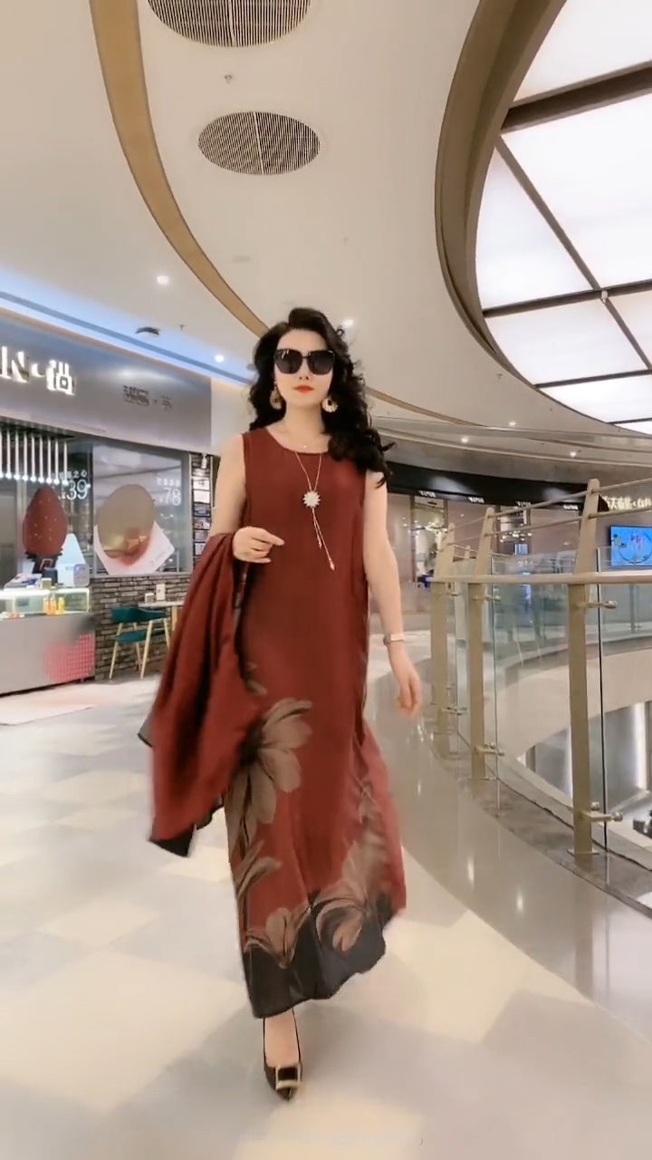 Silk Dress Two-Piece Women Elegant Floral Plus Size Dress Casual Beach Vintage Long Dress mother ...