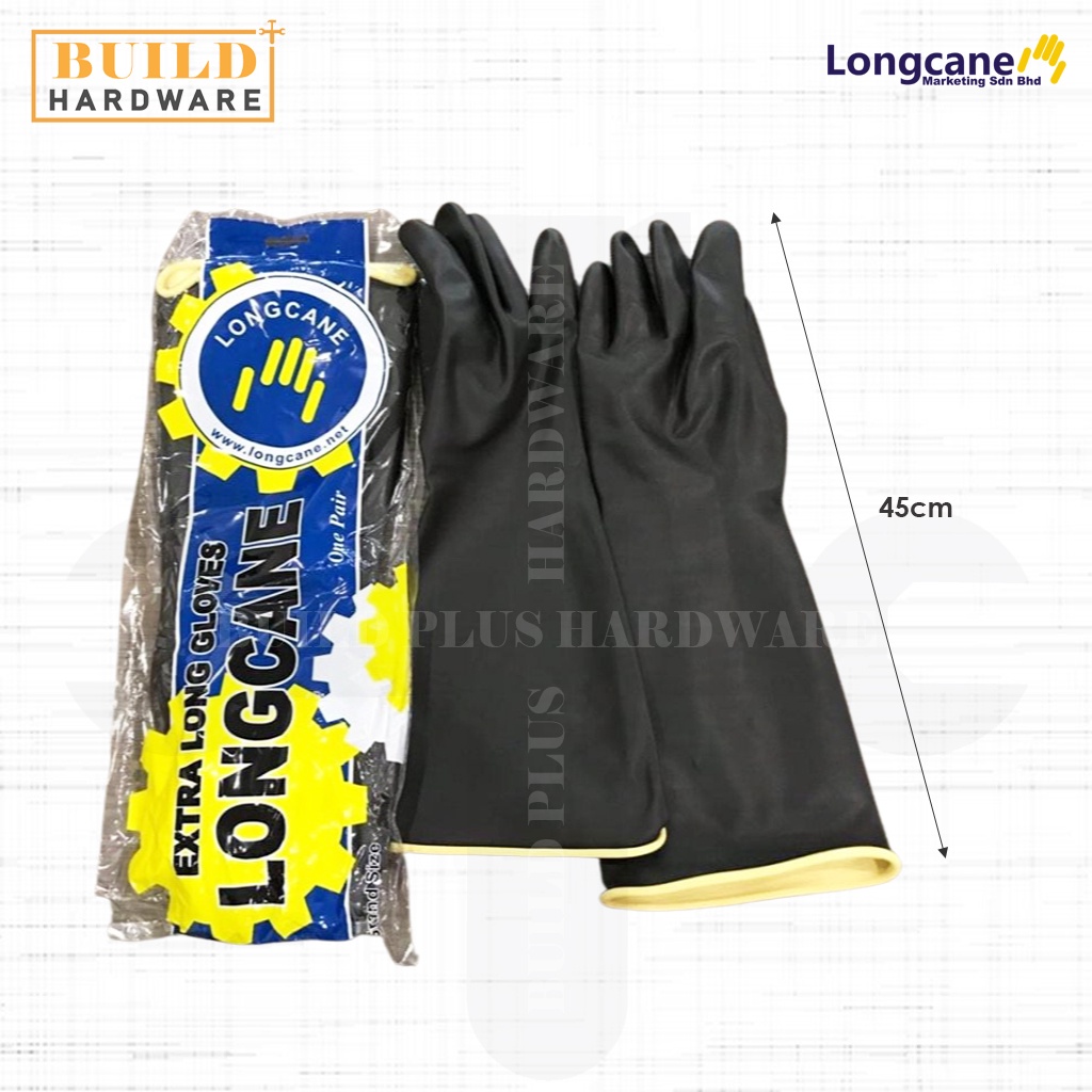 LONGCANE Extra Long Industrial Black Rubber Gloves 45cm Free Size ...