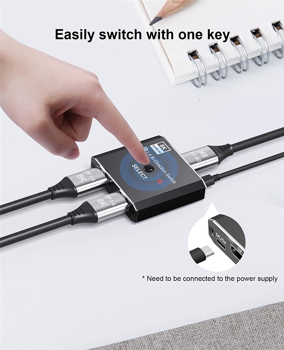 FSU Bi-Direction DP Switch 2 In 1 Out Displayport 1.4 8K Splitter 1x2 ...