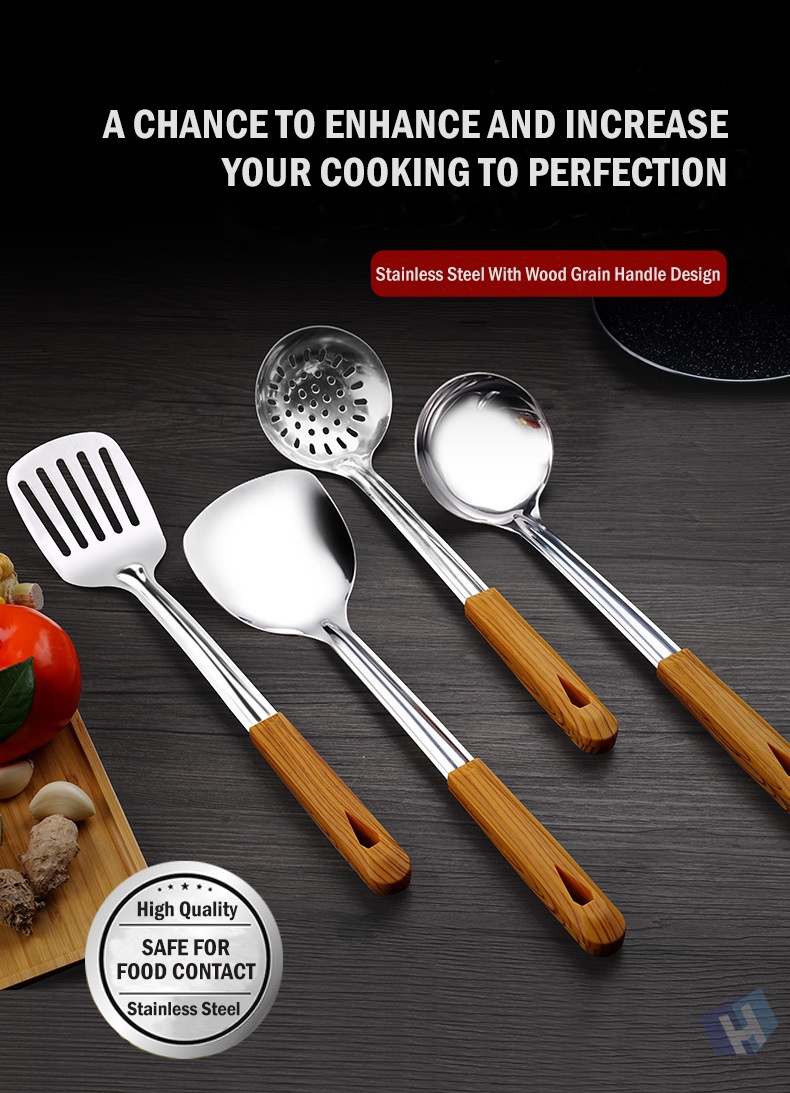 RIMEI Stainless Steel Cooking Kitchen Utensils With Imitation Wood ...