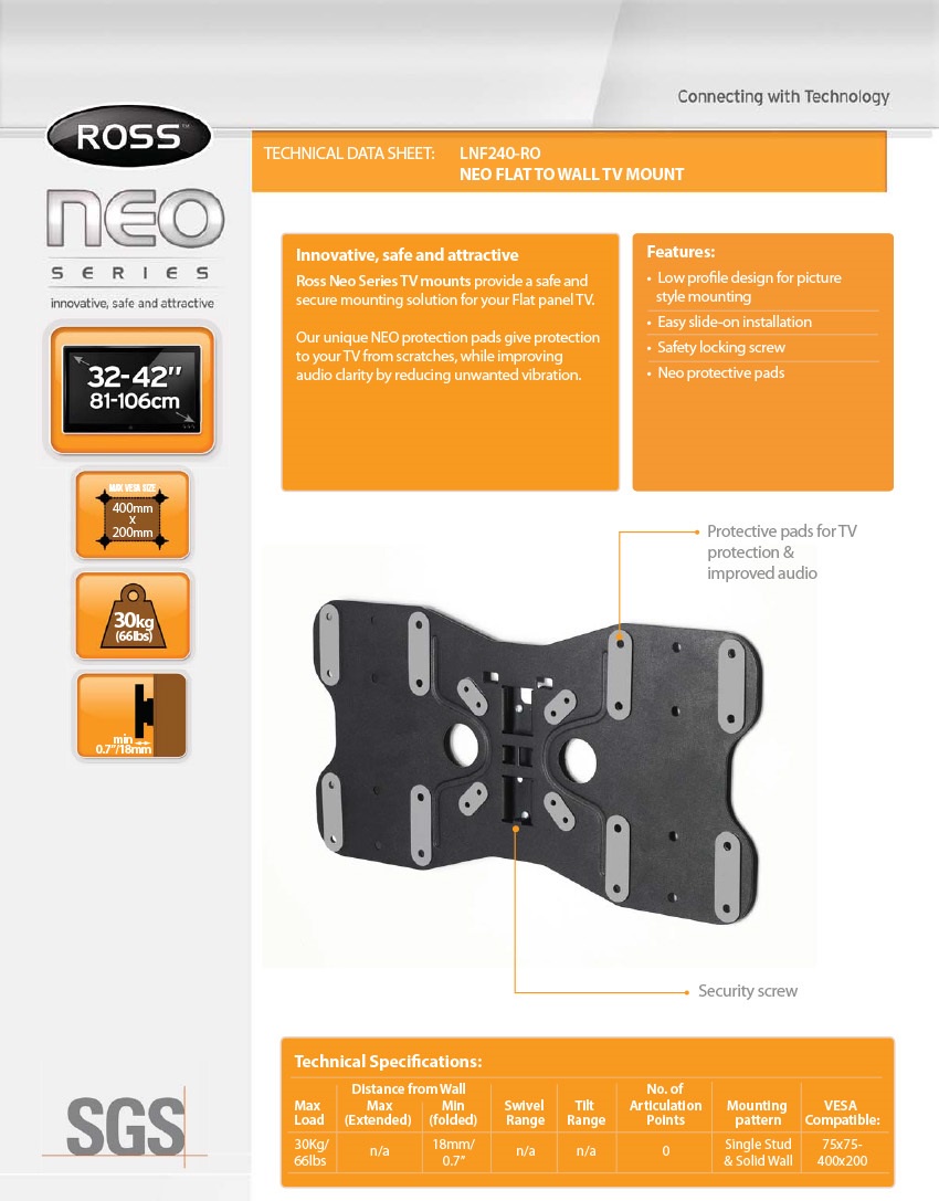 Ross Bracket Neo Pads 32-42"inch Flat to Wall Monitor TV Wall Mount ...
