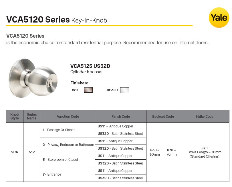 YALE Door Lock Cylindrical Lock Tombol Pintu VCA5127 70mm Backset ...