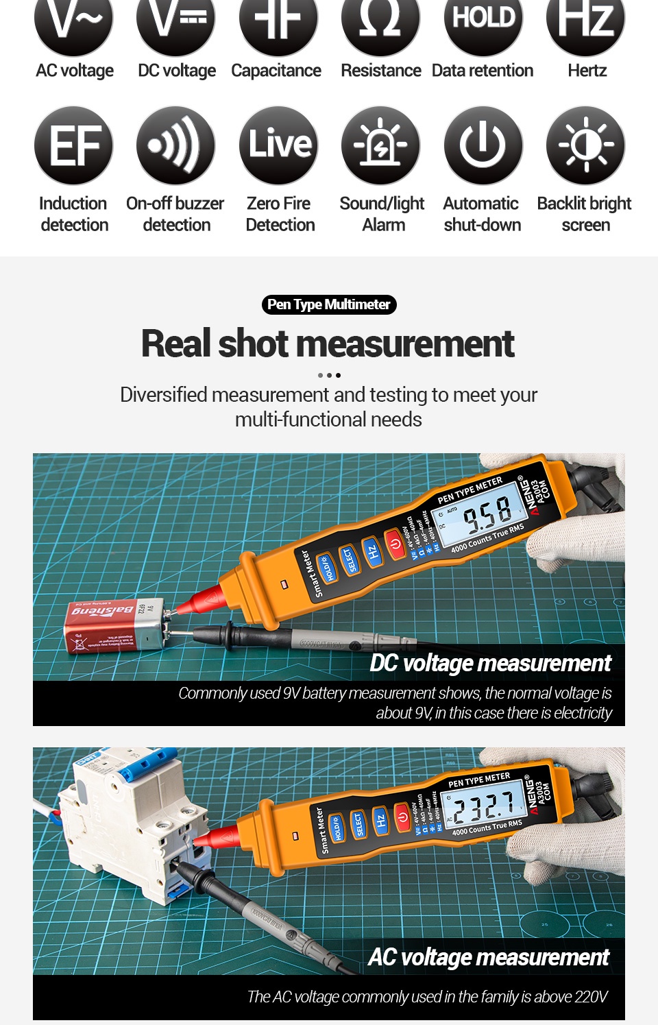 ANENG A3003 Digital Pen Multimeter Professional 4000 Counts Smart Meter ...