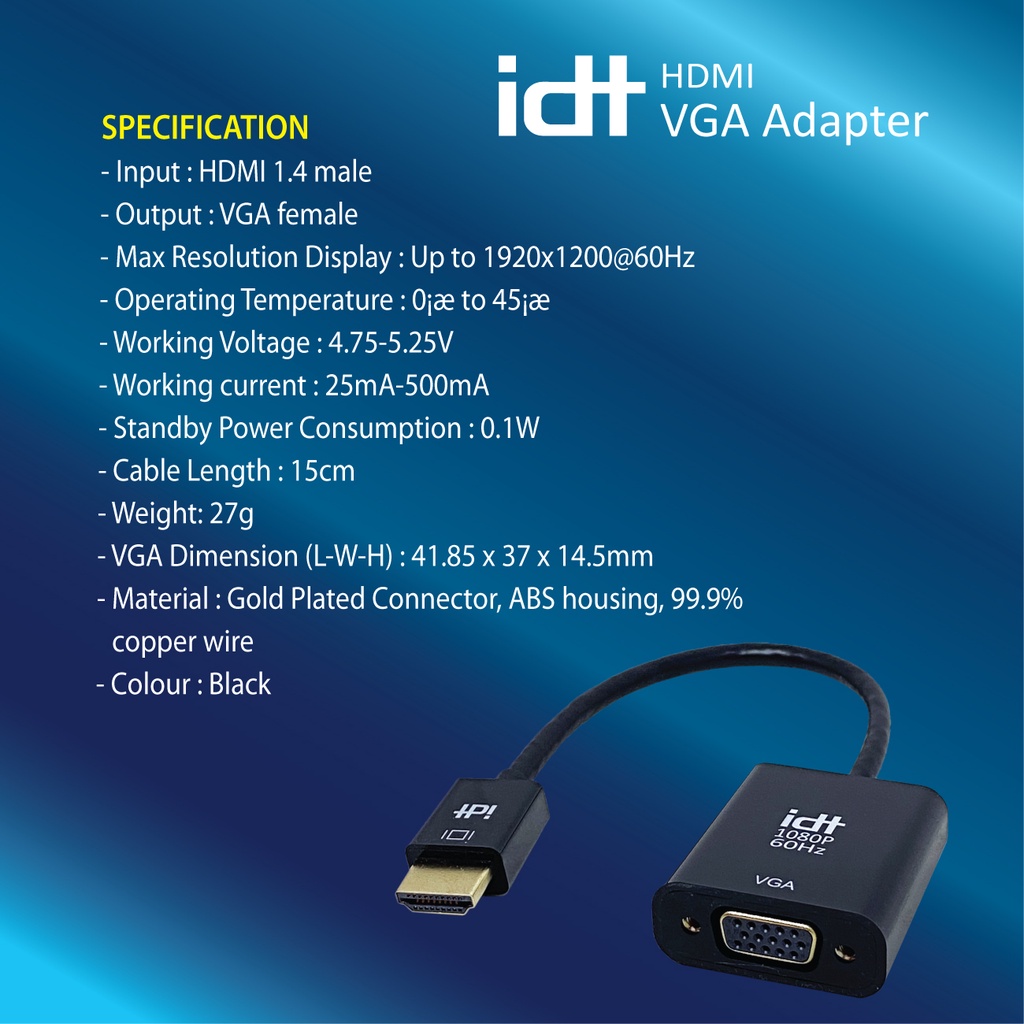 IDT HDMI Male to VGA Female Adapter HDMI to VGA Max Resolution ...