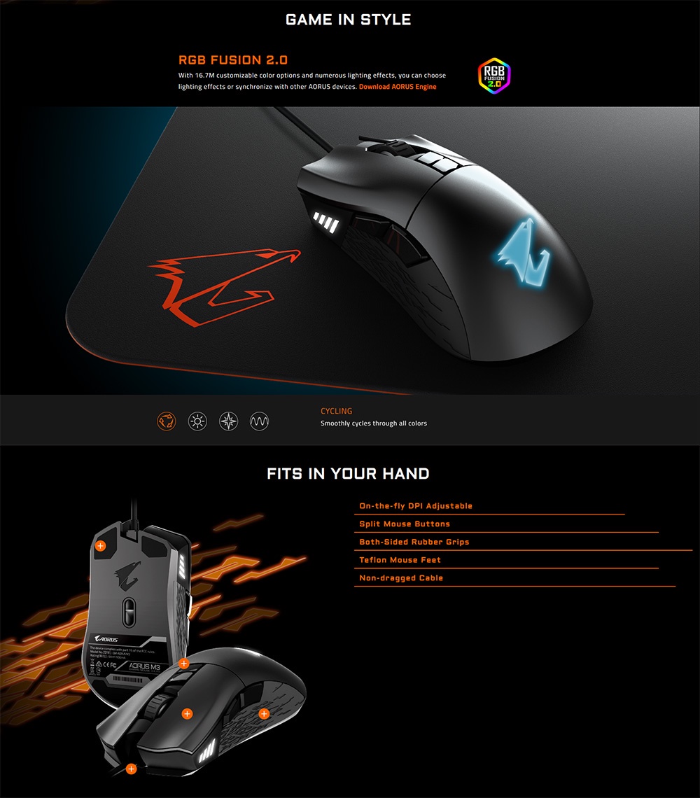 Gigabyte AORUS M3 RGB Wired Gaming Mouse USB Pixart 3988 Optical Sensor ...