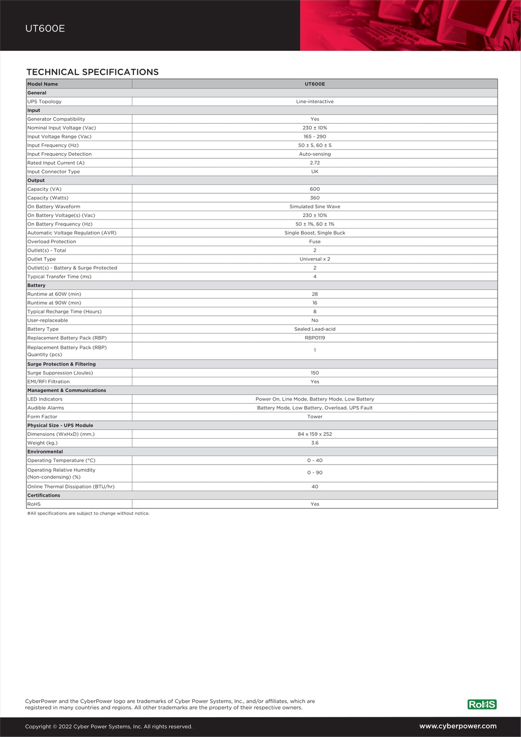 CyberPower UT600E-UN | 600VA Compact Tower UPS with Surge Protection ...