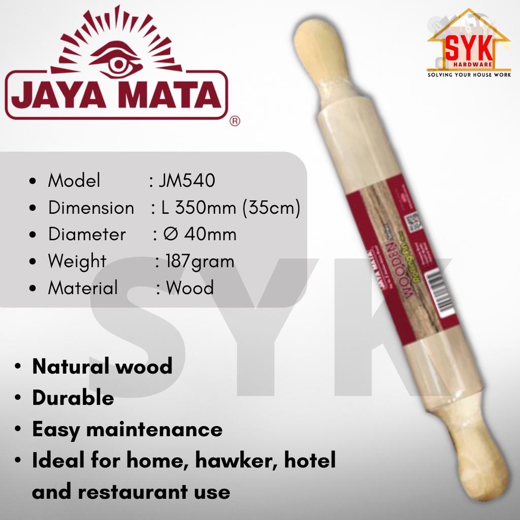 SYK Jaya Mata JM540 35cm Natural Wooden Rolling Pin Scrollable Pin ...