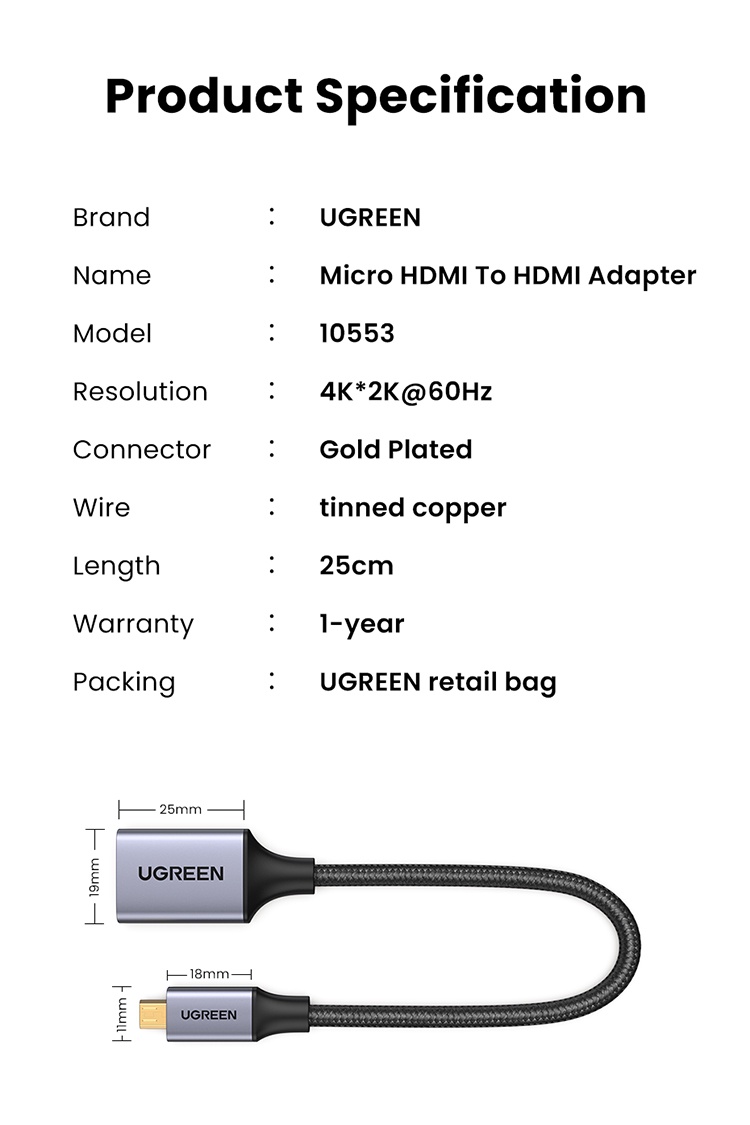 UGREEN 0.25M Micro HDMI to HDMI Cable Male to Female Micro HDMI Adapter | Shopee Malaysia