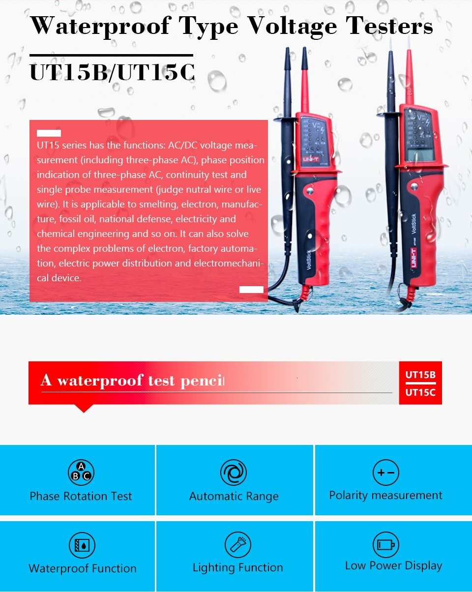 UNI-T UT15B UT15C Waterproof 24V ~ 690V Digital LCD AC DC Voltage ...