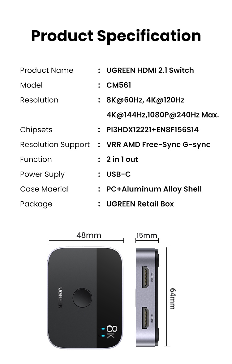 UGREEN HDMI 2.1 Switch 8K@60Hz 2 in 1 Out HDMI Switcher Splitter ...