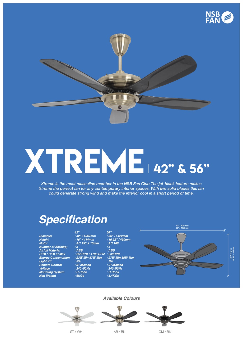 FREE SHIPPING NSB XTREME 42 / 54 Inch Designer Ceiling Fan 3 Speeds ...