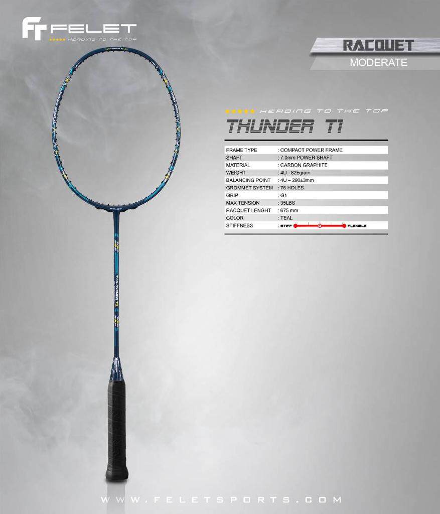 FELET THUNDER T1 BADMINTON RACQUET 35LBS 4U 82G 76HOLES 100% ORI BY ...