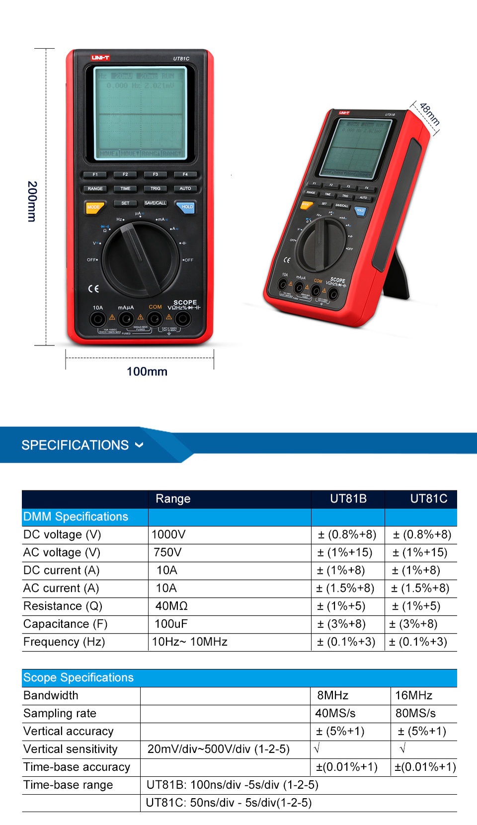 UNI-T UT81C UT81B Real-Time Sample Rate Handheld Oscilloscope Digital Multimeter AC DC ...