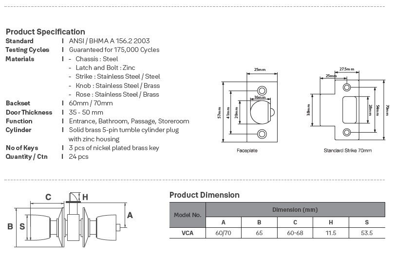 YALE Door Lock Cylindrical Lock Tombol Pintu VCA5127 70mm Backset ...
