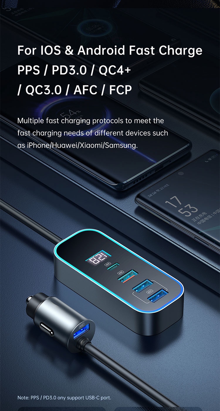 5-in-1 Car Charger 107W Quick Charger PD Type-c QC3.0 USB Digital Display Fast Charging Car ...
