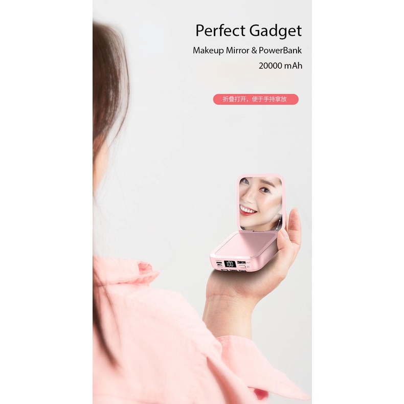 PowerBank Mirror Power Bank 20000Mah 2in1 Cute Pink Power Bank w/ Make Up Mirror Cermin ...