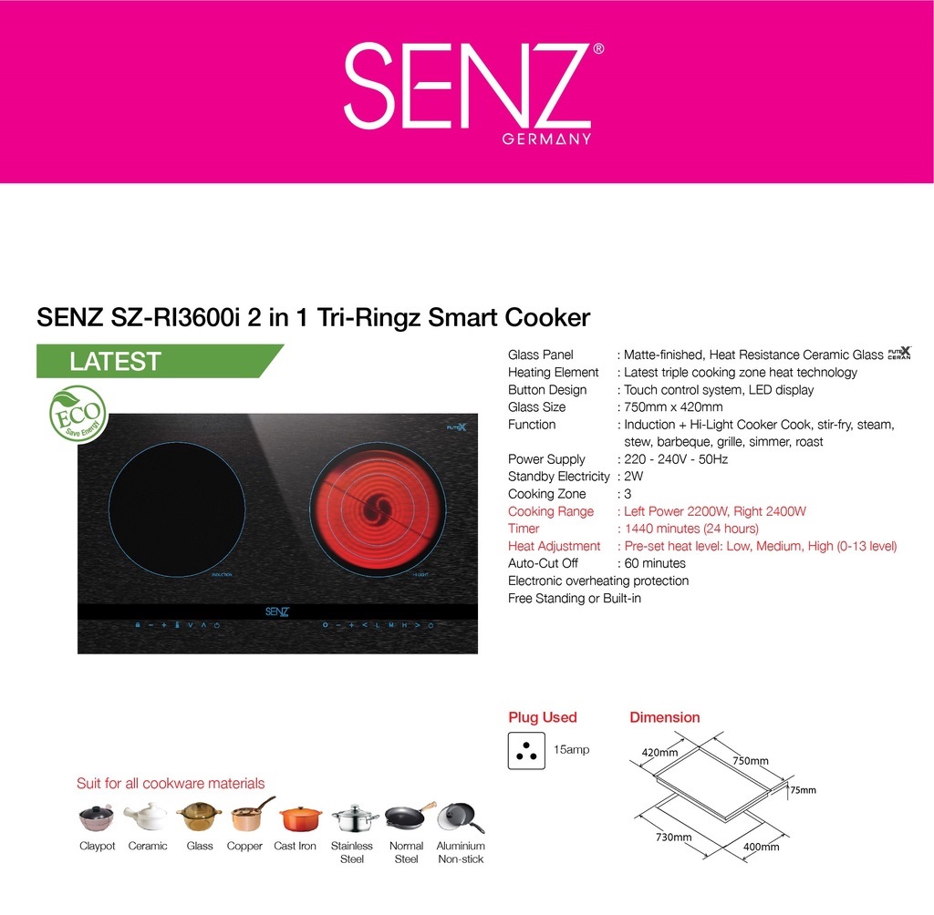 SENZ SZ-RI3600i 2 in 1 Tri-Ringz Smart Cooker Built-In Induction ...