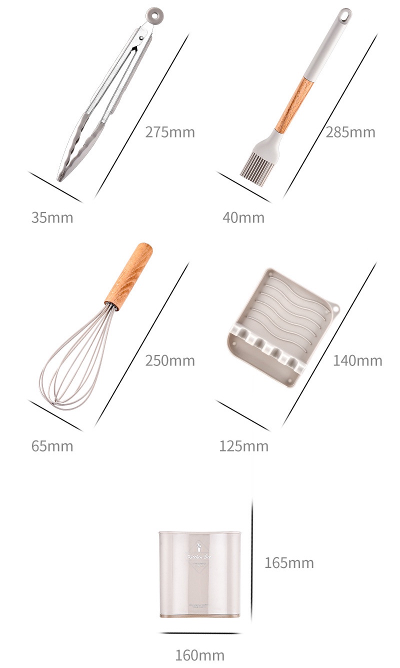 Khaki/Dark Grey Silicone Kitchen Utensils Set Wooden Handle Shovel Soup ...