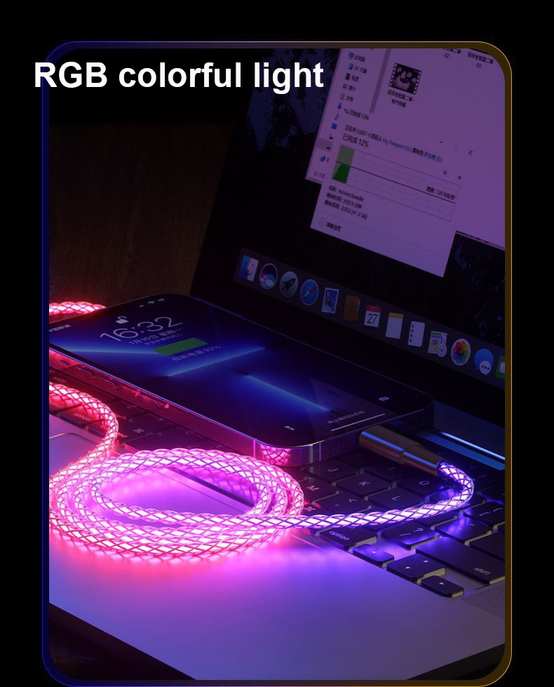 100W Super Fast Charging Cable 6A RGB Illusion Streamer USB Cable ...