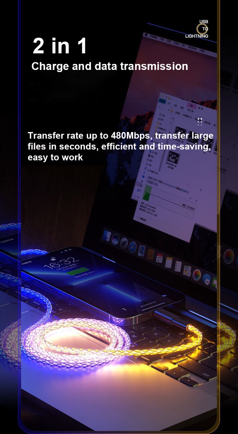 100W Super Fast Charging Cable 6A RGB Illusion Streamer USB Cable ...