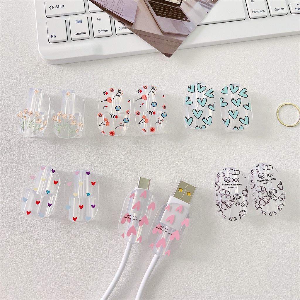 Cable Bite Head Case Soft TPU Cover 2pcs Set Android Micro-USB Type-C Love Flowers Kaws Print ...